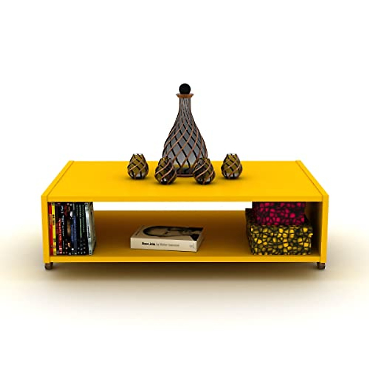 HT Design Kipp Cross Legs Wooden Frame Rectengular Coffee Table for Living Rooms with Interior Shelving, Walnut/Yellow