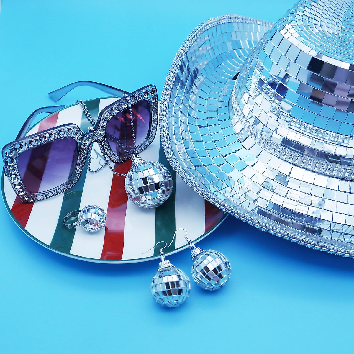 Tongnian Disco Ball Cowboy Hat, 1970s Disco Accessories Set Silver Cowgirl Hat with Disco Ball Necklace, Earrings, Ring and Sunglasses for Women Party