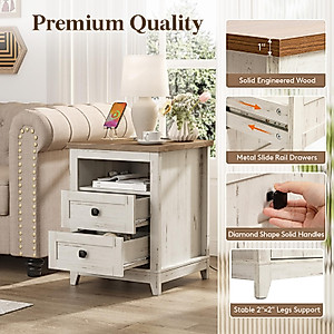Lifewit Farmhouse Nightstand with Power Outlets and USB Ports, Bedside Table with 2 Drawers and 1 Open Storage Space, Side Table, End Table, Night Stand for Bedroom, Rustic White