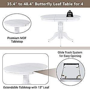 Harper & Bright Designs 5-Piece Mid-Century Dining Table Set, Solid Wood Extendable Round Dining Table with 4 Upholstered Chairs, Dining Room Kitchen Table Chairs Set, White