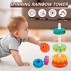 JUXUE Baby Spinning Stacking Toys for Toddlers 1-3, Rainbow Ring Stacker Montessori Toys for Babies 6-12 Months, 1 2 3 One Year Old Girl Boy Christmas Birthday Gifts, Autism Sensory Learning Toy