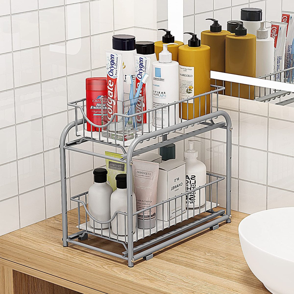 AIYAKA under sink storage 2 Tier Stackable Sliding Basket Organizer Drawer For Kitchen And Bathroom/Cabinet Drawers,silver