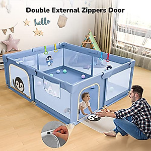 Baby Playpen for Babies and Toddlers, 71 x 59 inch Extra Large Baby Fence with Unique Little Penguin Character Design, Li'l Pengyu Soft Breathable Mesh Baby Playard for Indoor & Outdoor (Blue)