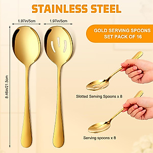 Tioncy 16 Pcs Gold Serving Spoon Set Stainless Steel Cutlery Utensils Includes Large Metal Slotted Spoons for Christmas Buffet Party Banquet Cooking Kitchen, Approx. 8.5 x 2 Inches