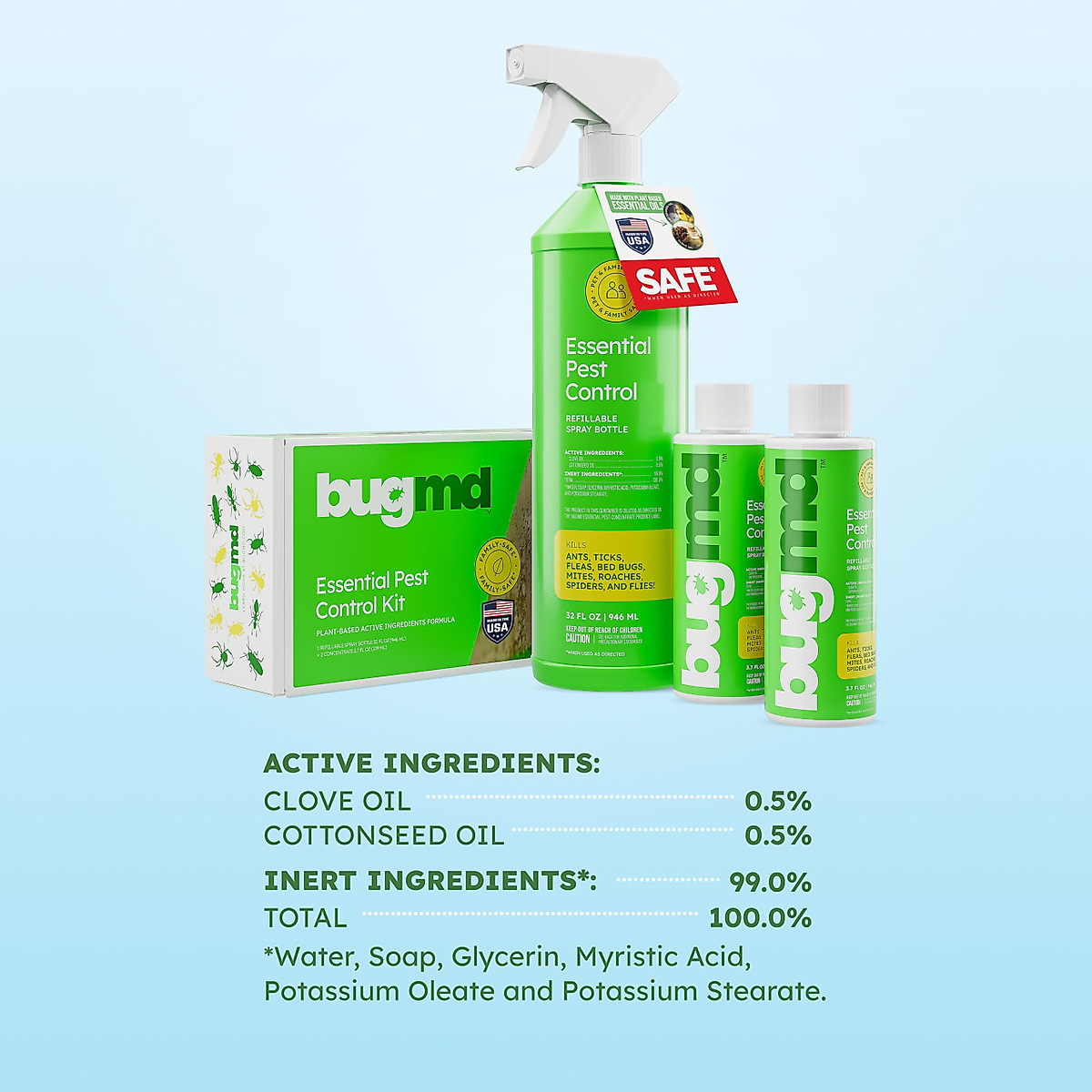 BugMD Ant Killer & Bug Spray - Roach and Cockroach Killer Indoor, Spider and Flea Spray for Home, Fly and Insect Defense, Natural, Safe with Essential Oils, Plant-Powered, Pest Control - Starter Kit