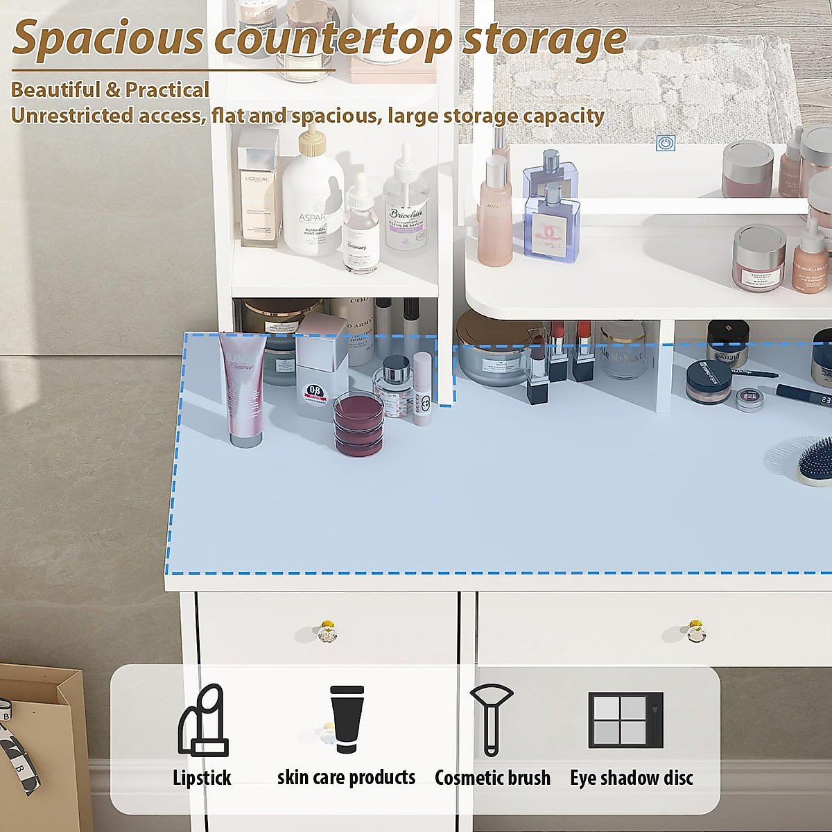 FUFU&GAGA Vanity Set with Rectangular Mirror, Makeup Vanity Dressing Table with 5 Drawers, Shelves, Dresser Desk and Cushioned Stool Set (B White/Lighted Mirror)