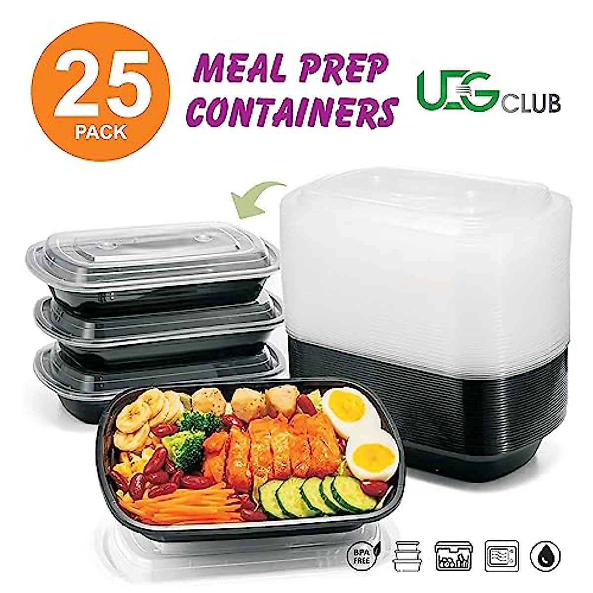 UEG CLUB Reusable 50Pack Meal Prep Food Storage Containers with Lids, Microwave Safe, Ideal for Prepping & Storing Meals, 38oz BPA Free Containers (38, Rectangular, 50, U2023E00786G4)