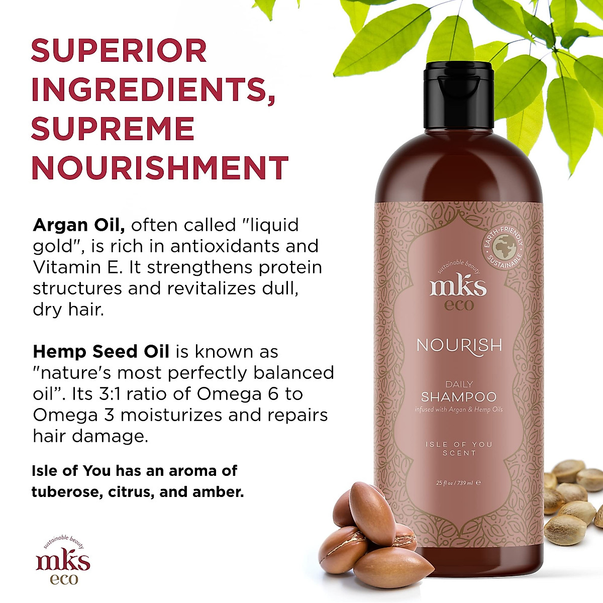 MKS eco Nourish Shampoo, Isle of You - 25 fl oz - Cleanses, Strengthens & Repairs - Ideal for Fine Hair, Safe for Color Treated Hair - Moroccan Argan Oil, Hemp Seed Oil - Vegan, Cruelty Free