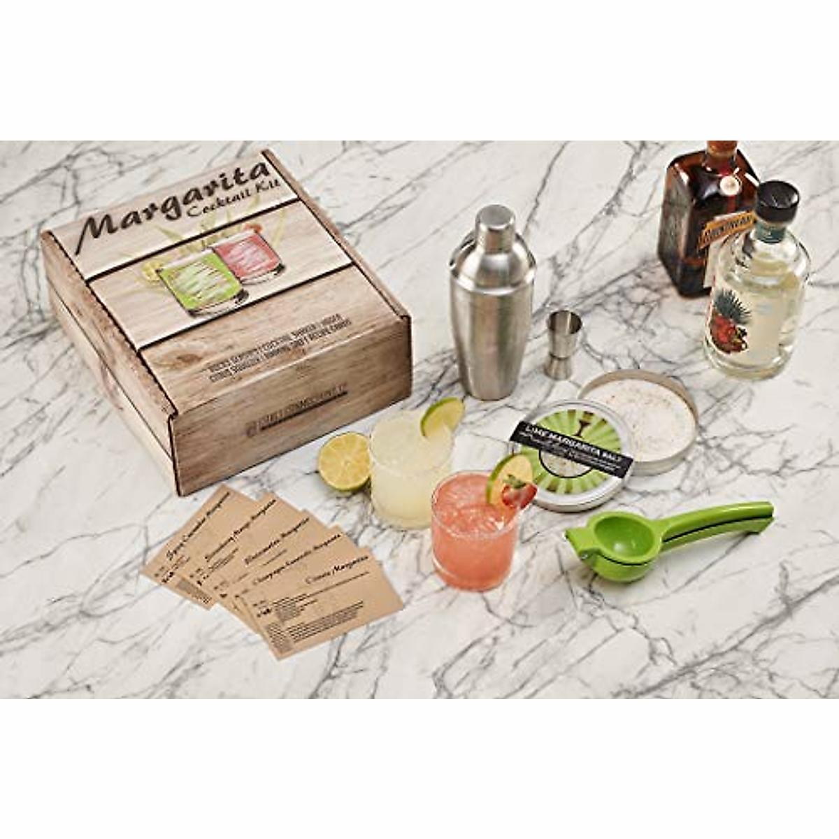 Margarita Cocktail Kit - Set of Rocks Glasses | Stainless Cocktail Shaker & Jigger | Citrus Squeezer | Rokz Lime Infused Margarita Salt | Recipe Cards. The Perfect Margarita Kit Gift Set!