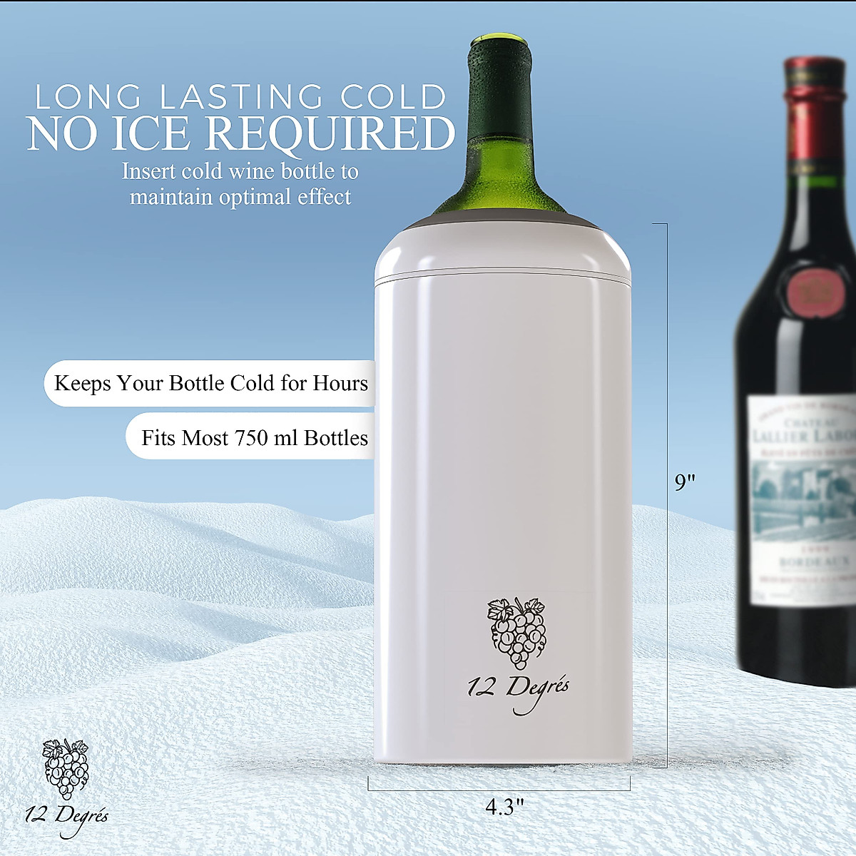 12 Degrés Wine Chiller Set - Perfect Wine Gifts for Women & Men - Stainless Steel Insulated Wine Cooler with Wine Pump, Aerator & 4 Stoppers (White Matte)