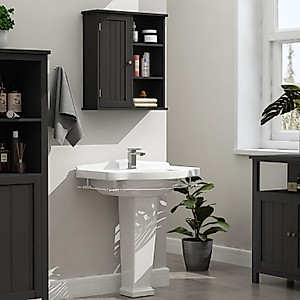 Treocho Bathroom Wall Cabinet, Medicine Cabinet with Door and 3 Open Shelves, Wall Mounted Storage Organizer for Bathroom, Kitchen, Living Room, Black