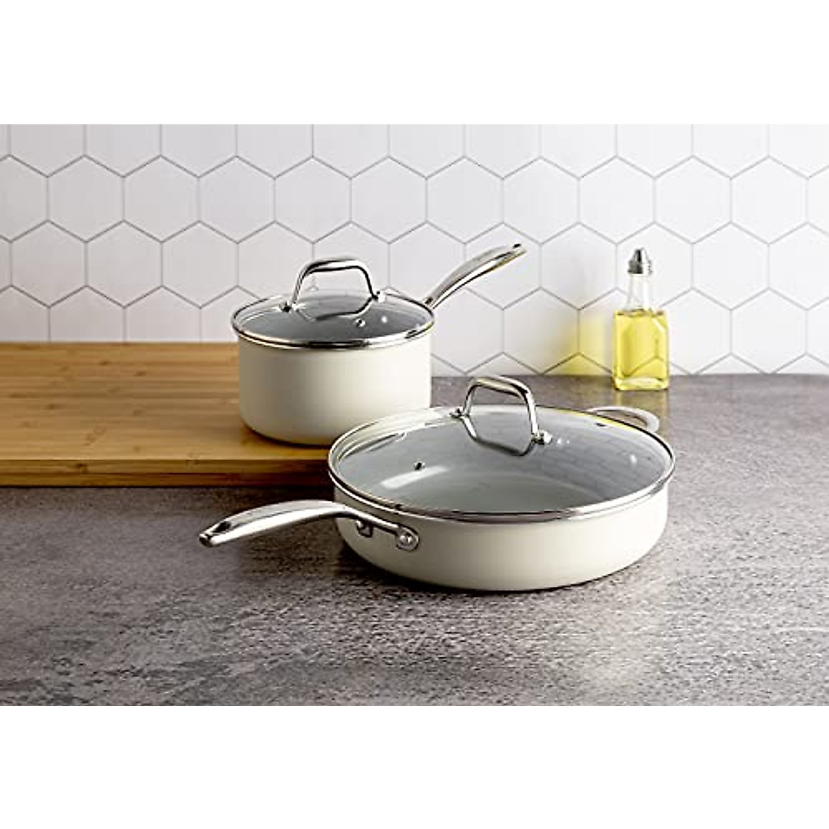 Goodful Ceramic Nonstick Cooking Set, Titanium-Reinforced Premium Non-Stick Coating, Dishwasher Safe Pots and Pans, Tempered Glass Steam Vented Lids, Stainless Steel Handles, 12-Piece, Cream