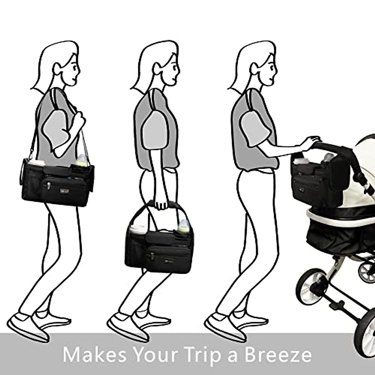 TOPDesign Universal Baby Stroller Organizer, Stroller Caddy with Heightened Insulated Cup Holders & Non-Slip Secure Hooks Accessories, Fits Most Strollers, Machine Washable (Black)