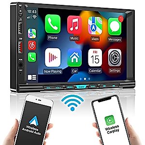 Wireless iOS Carplay&Android Auto, Double Din Car Stereo with Voice Control,7 Inch HD Touchscreen,Mirror Link,Bluetooth 5.1, AM/FM Car Radio Receiver,Backup Camera/Subwoofer/2USB/SWC/AUX/Fast Charging