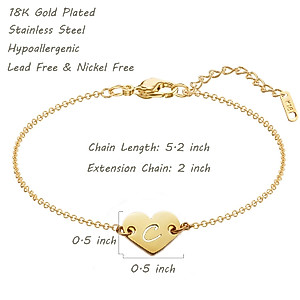 Heart Initial Bracelet 18K Gold Plated Stainless Steel Lovely Heart Charm Bracelet Dainty Small Letter Bracelet Personalized Monogram Name Bracelet for Women