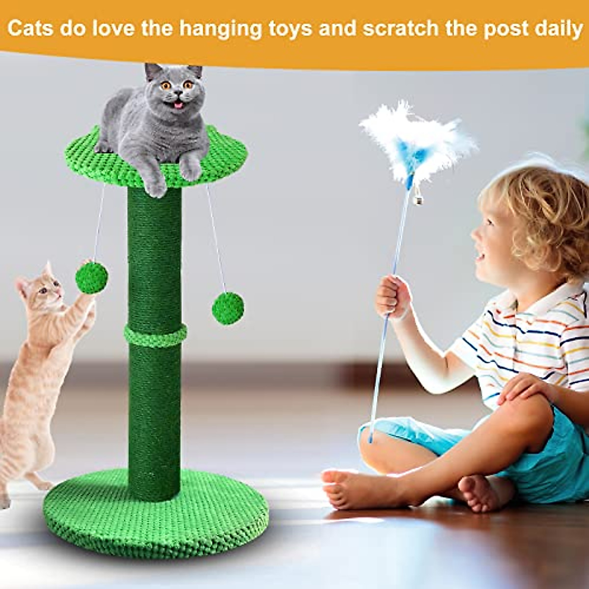 Cat Scratching Post Sisal Cat Tree Cactus Cat Scratcher, Scratching Posts for Indoor Cats Kitten, Cute Tall Cat Scratch Post with Perch to Protect Furniture, 2 Dangling Ball Toys, Stable Cat Stand