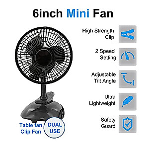 Kosmosta 6 inch 2 speed-Adjustable Tilt, 2 in 1 clip and table fan Personal Clip On Fan plug in clip fan For The Home, Office, Dorm Black color Fan