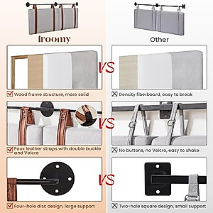 Iroomy Wall Mounted Headboard Queen with Brown Faux Leather Straps, Linen Fabric Upholstered Headboard with Adjustable Heigh Headboard, Queen Headboard with Metal Bar for Dining Room, Bedroom, Grey