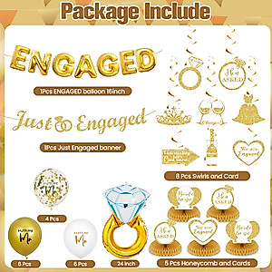 32 Pcs Gold Engagement Party Decorations Just Engaged Banner Diamond Ring Balloons White Gold Engagement Backdrop White Gold Just Married Decorations Kit for Bachelorette Bridal Engagement Party