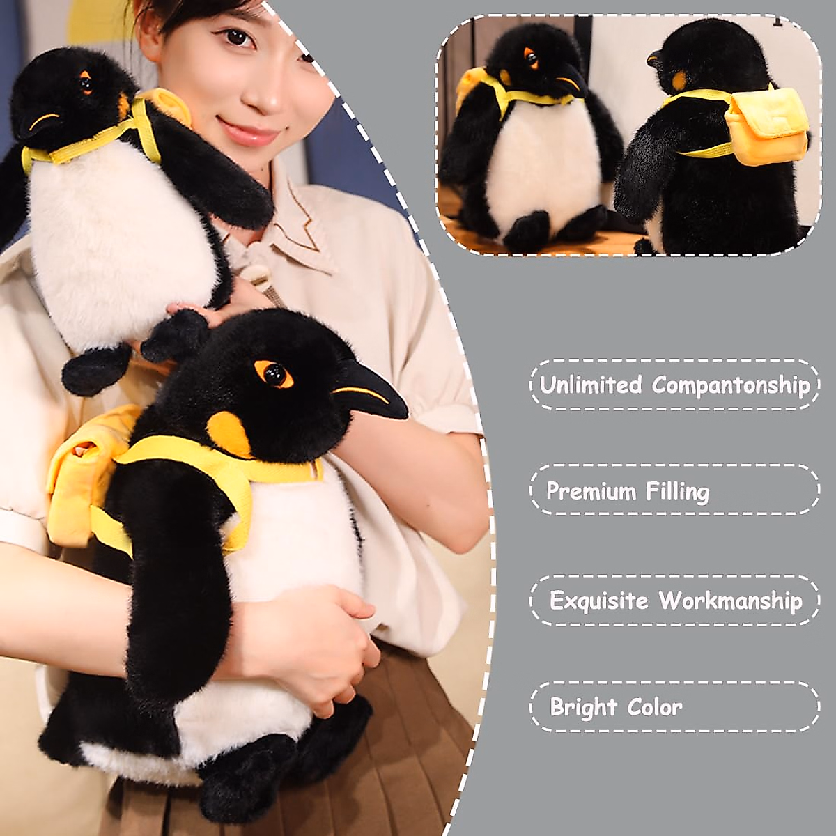 ELAINREN Plush Travel Penguin with Backpack,Realistic Black Penguin Stuffed Toy Lifelike Furry Penguin Plushie Doll Gifts/13.7Inch