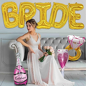 Bride Balloons Kit - 40 INCH Gold Bride Balloon + Champagne Bottle Balloon + Ring Balloon + Wine Balloon, Bridal Shower Balloons, Bachelorette Party Balloons, Bride To Be Balloons