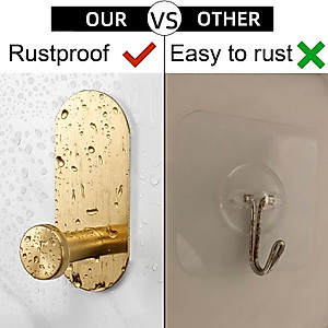 TocTen Adhesive Hook - Heavy Duty Sticky Towel/Robe Hooks, Waterproof Stainless Steel Shower Hook, No Drill Stick on Wall Coat/Clothes Hooks for Bathroom, Kitchen, and Offices (Brushed Gold, 3 Pack)