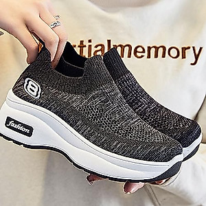 YTINGNICE Platform Fashion Sneakers for Women, Breathable Knit Mesh Walking Slip-on Sneakers Shoes (Black,US 5)