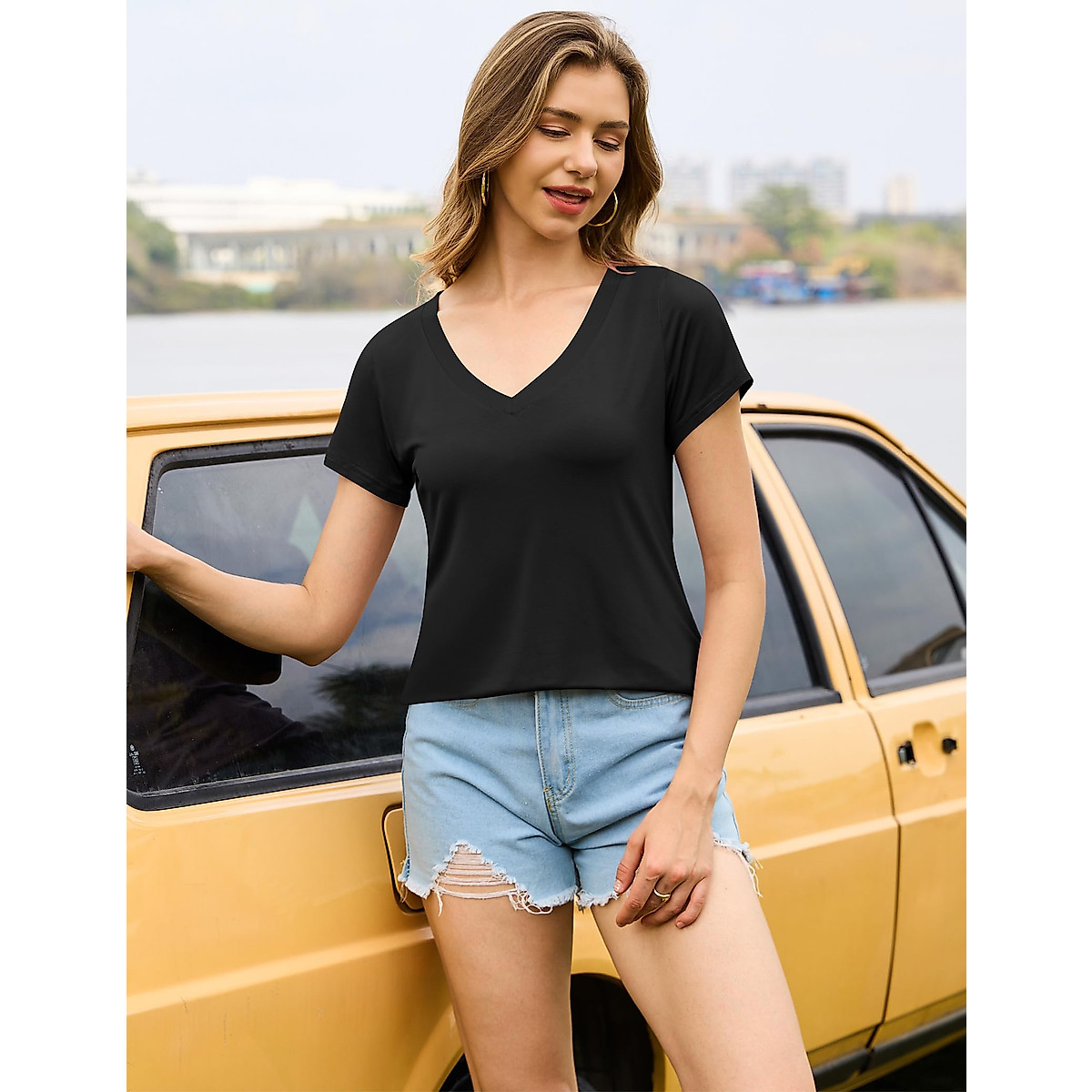 Amoretu Womens T Shirts Short Sleeve V Neck Casual Plain Summer Tops Black S