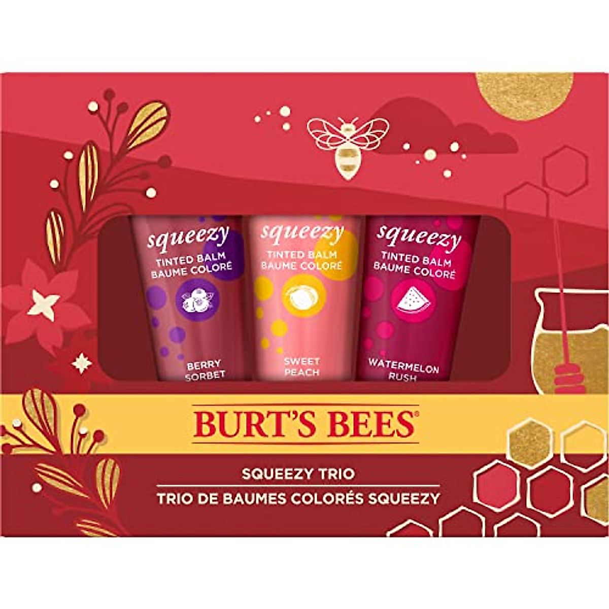 Burt's Bees Christmas Gifts, 3 Lip Care Stocking Stuffers Products, Squeezy Trio Tinted Lip Balm Set - Berry Sorbet, Sweet Peach & Watermelon Rush
