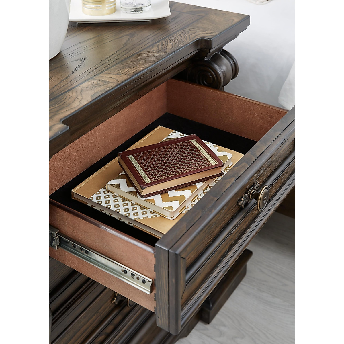 Signature Design by Ashley Maylee Classic 2 Drawer Nightstand with Pull-Out Tray, Power Supply and USB Ports, 29.5" Tall, Dark Brown