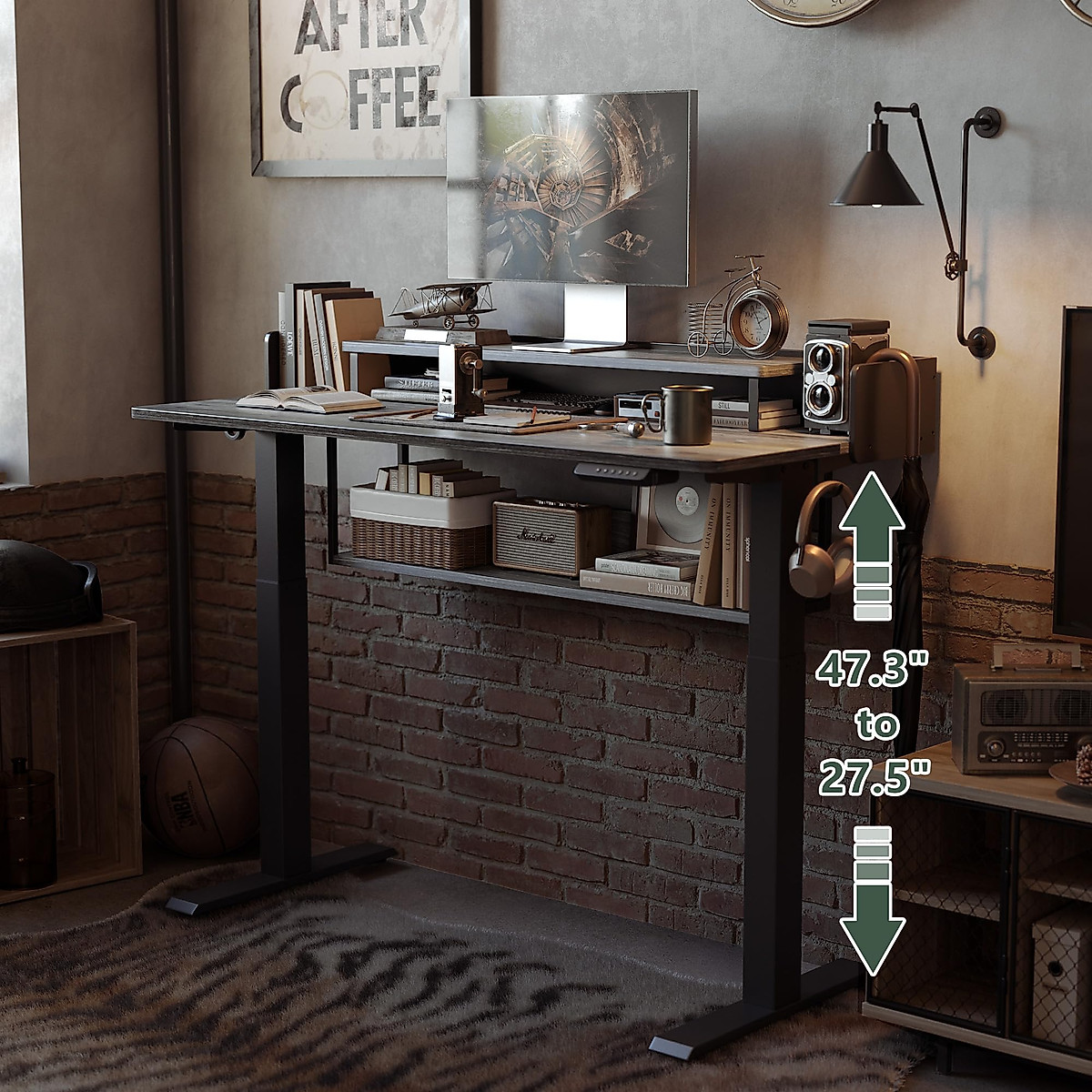 FEZIBO 48" Electric Standing Desk with Shelves, 48 x 24 Inch Sit Stand Rising Desk with Monitor Stand and Storage, Ergonomic Home Office Computer Desk, Rustic