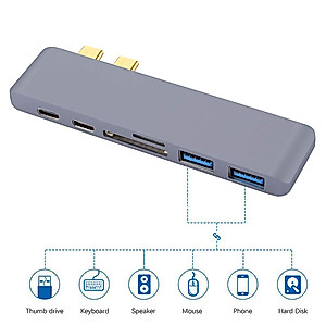 Jiali USB-C Hub Converter 6 in 1 Multi-Function Aluminium Alloy 5Gbps Transfer Rate Dual USB-C/Type-C HUB Adapter with 2 USB 3.0 Ports & 2 USB-C/Type-C Ports & SD Card Slot & TF Card Slot for Macb