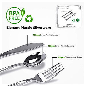Stock Your Home Silver Plastic Cutlery Set 300 Pack Disposable Silverware Heavy Duty Plastic 100 Forks, 100 Knives, 100 Spoons for Catering Events, Parties, Dinners, Weddings, Receptions, Everyday Use