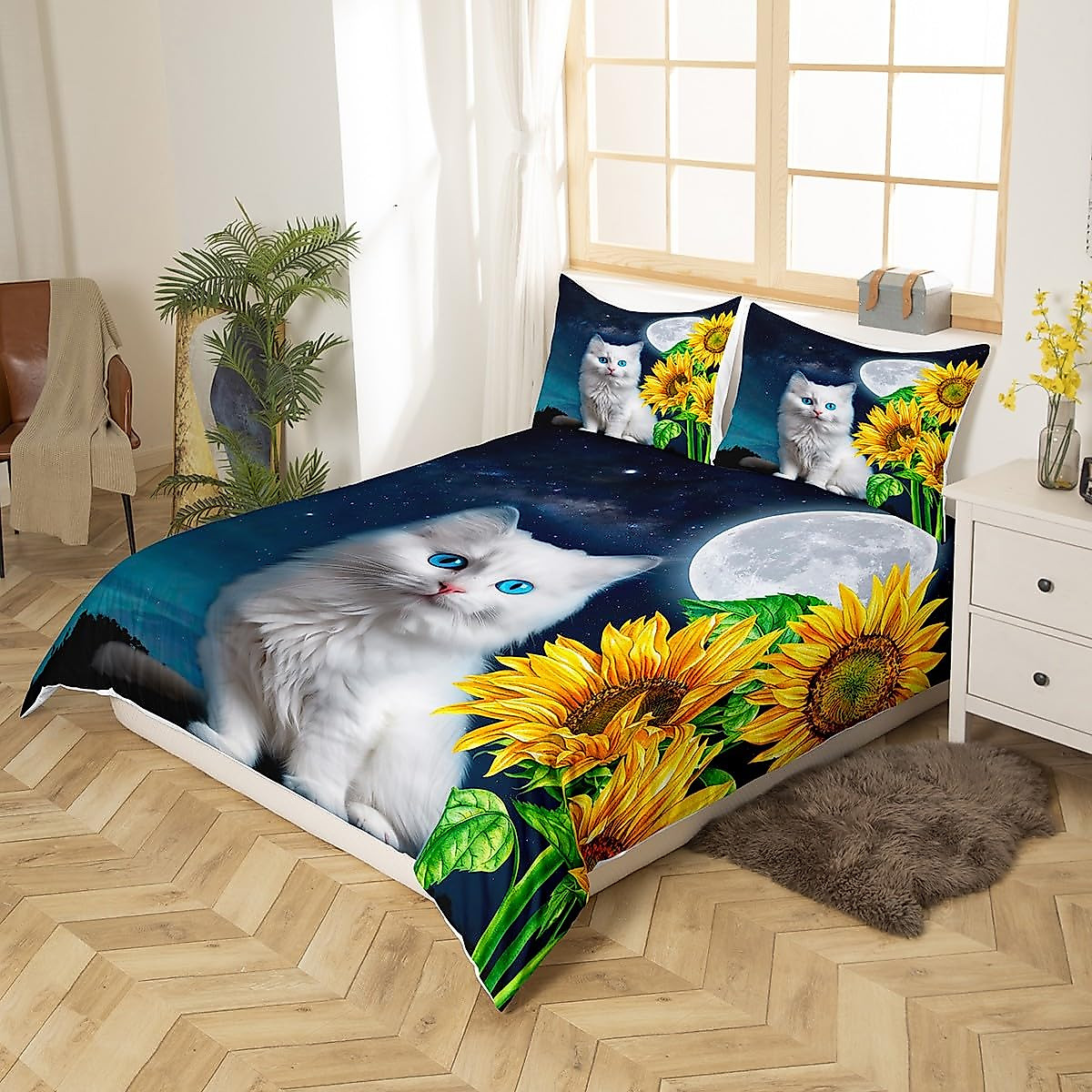 Cute Cat Duvet Cover Set Twin Size,Starry Sky Moon Night Comforter Cover Sunflower Bedding Set 2Pcs for Kids Girls Boys Woman Room Decor,Lovely Pet Animals and Plants Quilt Cover,1 Pillowcase