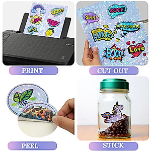 20 Sheets Holographic Printable Sticker Paper, 8.5x11 Inch Vinyl Sticker Paper for Inkjet & Laser Printer, Waterproof Dries Quickly Sticker Paper - Diamond/Rainbow/Glossy White/Star