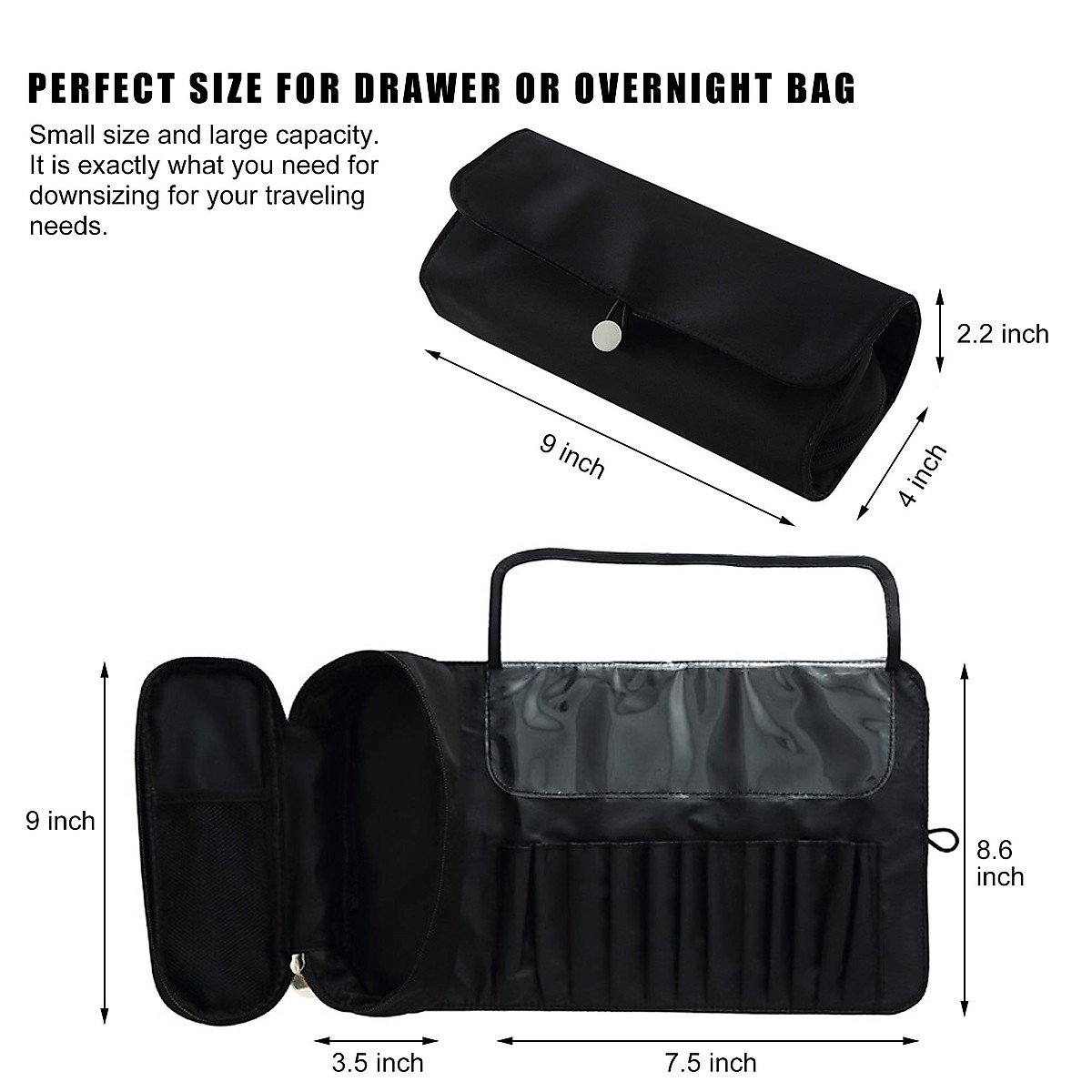 Longjet Makeup Brush Organizer Case Portable Roll Travel Accessories with Brushes Holder Dividers and Cosmetics Storage Bag (A, Black)