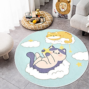 TEALP Kids Rugs 4Ft Large Round Play Mat Cute Cat Baby Crawling Mat Circle Children Rug for Nursery Decor Soft Floor Carpet for Living Room Washable Bedside Rug for Kids Bedroom Cute Cat Theme Decor