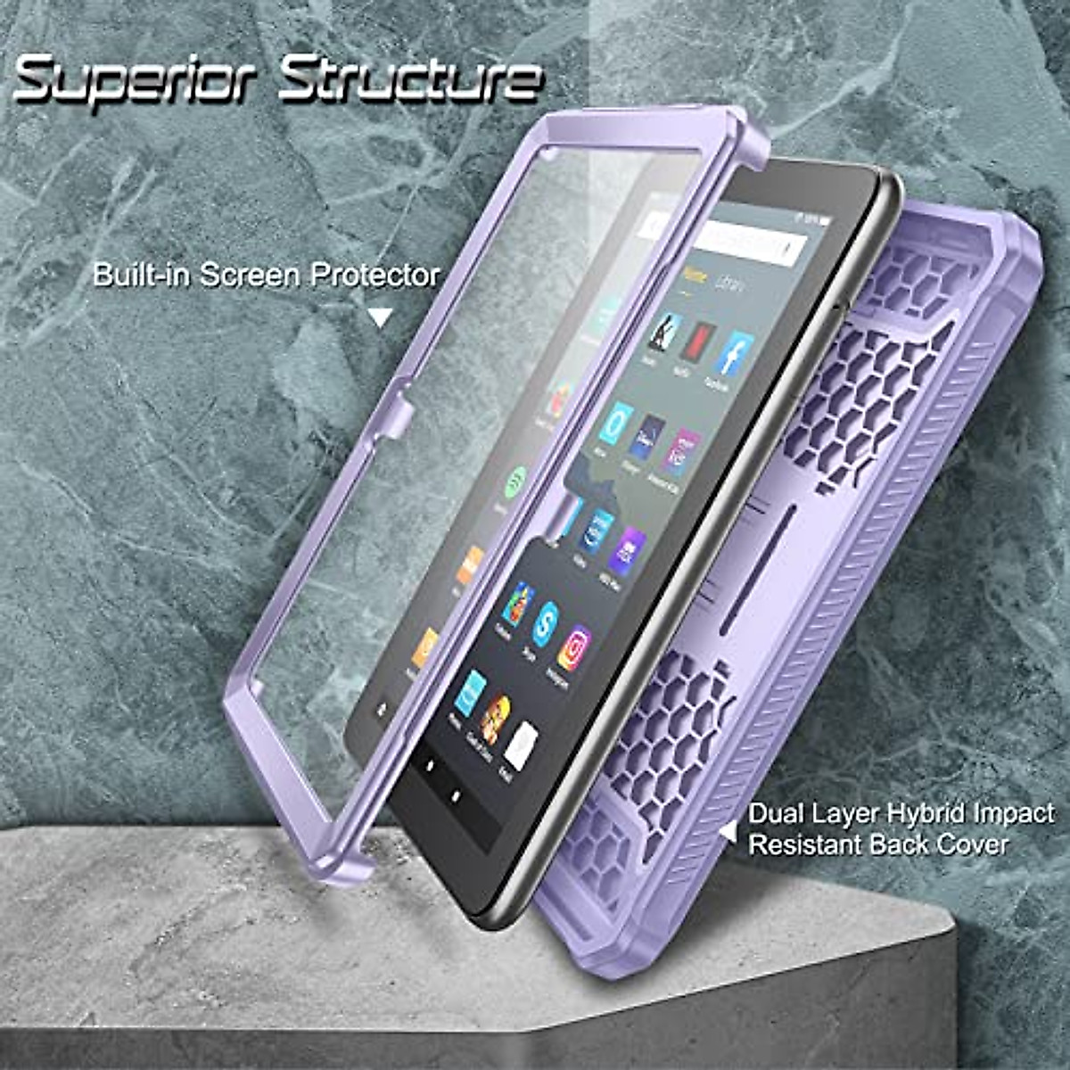 Fintie Shockproof Case for All-New Fire 7 Tablet (12th Generation, 2022 Release), [Tuatara] Rugged Unibody Hybrid Bumper Kickstand Cover with Built-in Screen Protector, Lilac Purple