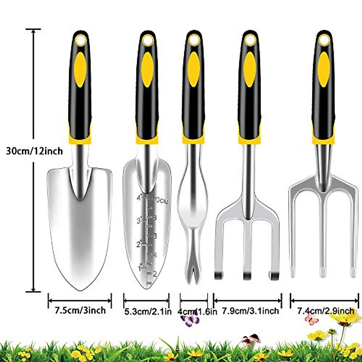 FEBSNOW Garden Tool Set - 5 Pieces Heavy Duty Gardening Hand Tools Kit Include Garden Trowel, Garden Rake, Spade Shovel, Weeder, Cultivator for Men, Women
