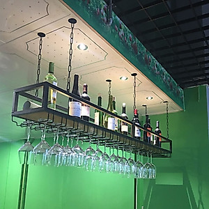 Ceiling Wine Glass Rack - Hanging Wine Rack with Glass Holder and Shelf, Height Adjustable Industrial Hanging Wine Bottle Holder, Black Metal Ceiling Shelf for Bar Cafe Kitchen (39.3×9.8×8.6in)