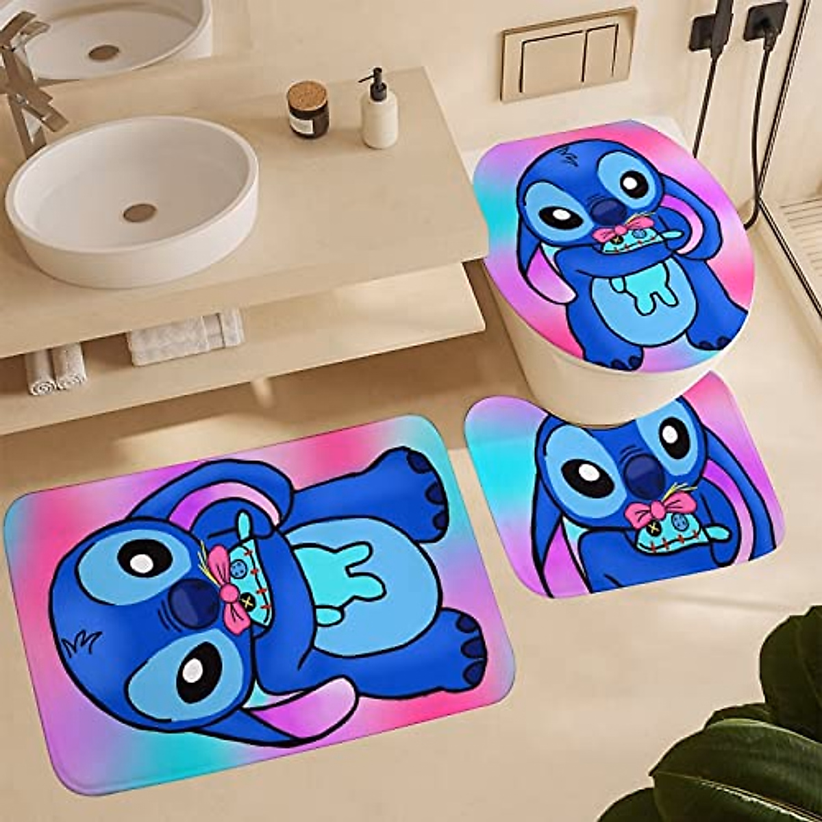 fmsnupz Cartoon Shower Curtain 4PCS Set, Cute Bathroom Decor with Non-Slip Rugs, Toilet Lid Cover and Bath Mat, Waterproof Fabric Shower Curtains with 12 Hooks, 70.8"x70.8"