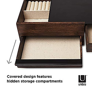 Umbra Stowit Jewelry Box-Modern Keepsake Storage Organizer with Hidden Compartment Drawers for Ring, Bracelet, Watch, Necklace, Earrings, and Accessories, Black/Walnut