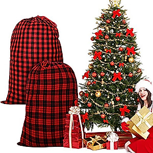 2 Pieces Christmas Sack Buffalo Plaid Drawstring Storage Bags Exlarge 39.37 x 25.9 Inch Xmas Storing Sacks Bags for Party Favors Supplies (Black and Red Plaid)