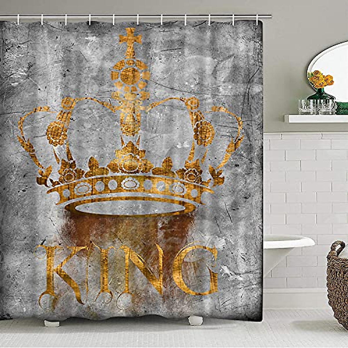 DuoBaorom 4 Pieces Set King Shower Curtain Set Abstract Golden Crown with Letter King Grey Artwork on Non-Slip Rugs Toilet Lid Cover Bath Mat and Bathroom Curtain with 12 Hooks 72x72inch