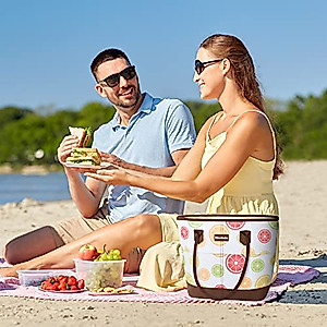 Tirrinia Large Insulated Lunch Tote Bag for Women, Cute Waterproof Leakproof Cooler Bag with Zipper for Work, Beach, Adult Shopping Grocery Bags for Frozen Food - White Lemon