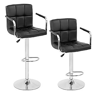 BestOffice Modern Bar Stool Set of 2 Barstools Armrest Height Adjustable Counter Stools Bar Chairs Swivel Bar Stool PU Leather Hydraulic Dining Room Chairs Home Kitchen Stools (Black)