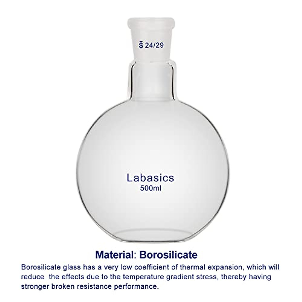 Labasics Single Neck Flat Bottom Boiling Flask, Borosilicate Glass Flat Bottom Boiling Flask with 24/29 Standard Joint, 500 ml