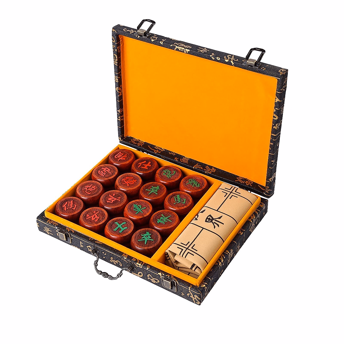 Wowwoody 1.88inch Mahogany Chines Chess Gift Box Set （Xiangqi ） Chines Traditional Xiangqi Classic Educational Strategy Board Games 2 Players Travel Game Set with Wooden Box and Leather Chessboard