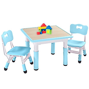 FUNLIO Kids Table and 2 Chairs Set, Height Adjustable Toddler Table and Chair Set for Ages 3-8, Easy to Wipe Arts & Crafts Table, for Classrooms/Daycares/Homes, CPC & CE Approved (3pcs Set) - Blue