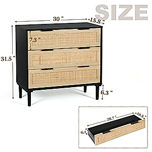 LAZZO Rattan 3 Drawer Wood Dresser Boho Large Storage Cabinet Nightstand Chest for Bedroom Mid Century Modern Chest of Drawers Wide Closet Dresser Storage Organizer